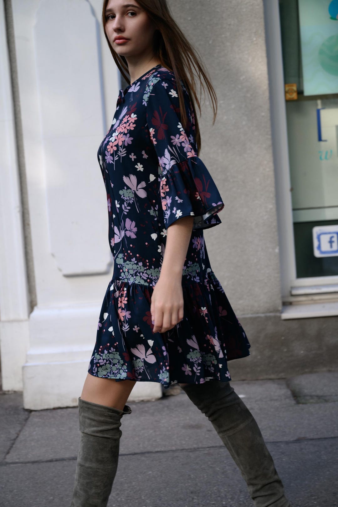 Milla Blue Faux Midi Dress With Flared Sleeves-bold Floral Print ...