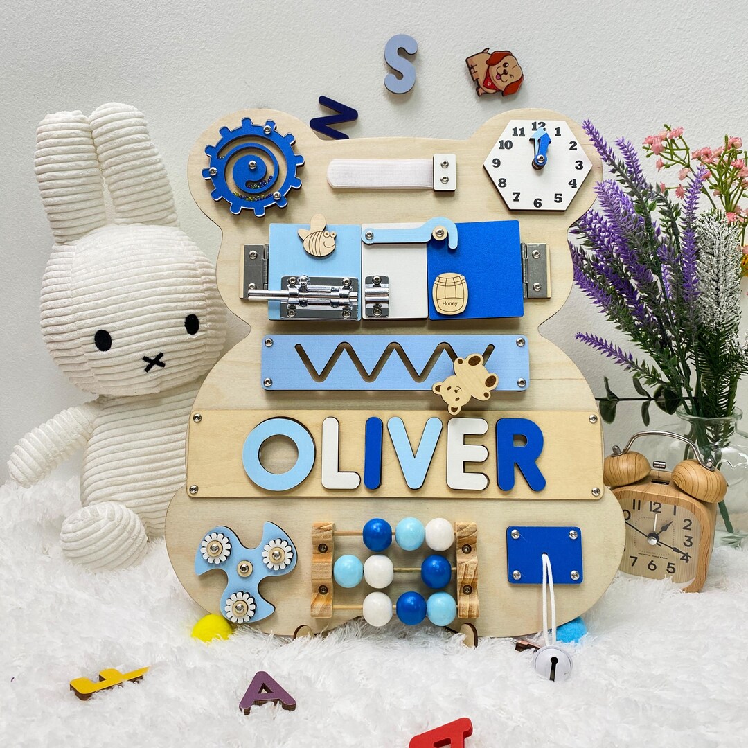 Personalized Montessori Busy Board for Toddlers, Custom Blue Bear ...