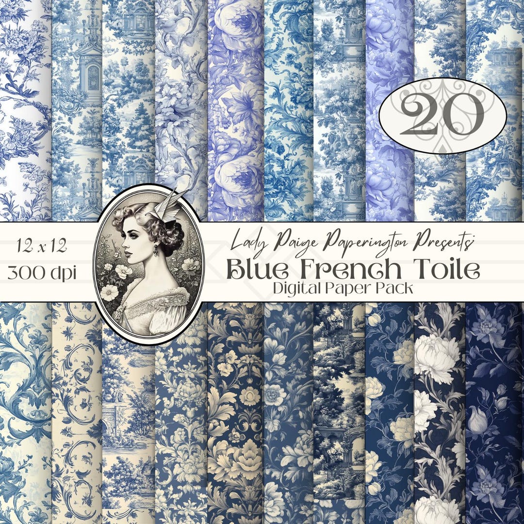 Vintage Blue French Toile Digital Paper Pack – 20 Printable 12x12 ...