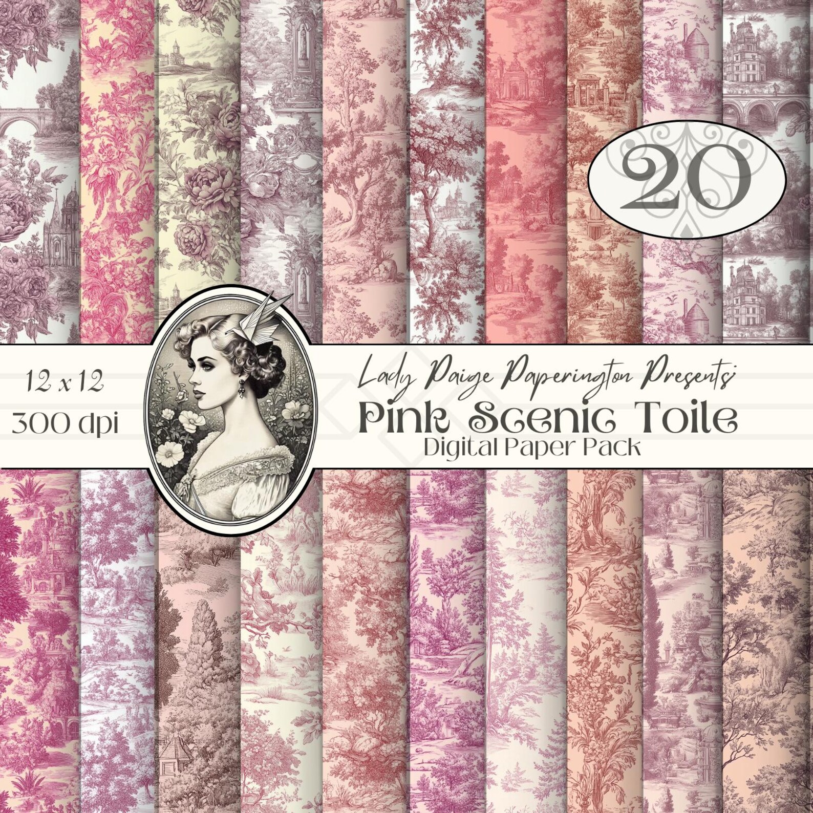 Vintage Pink Scenic French Toile Digital Paper Pack – 20 Printable ...