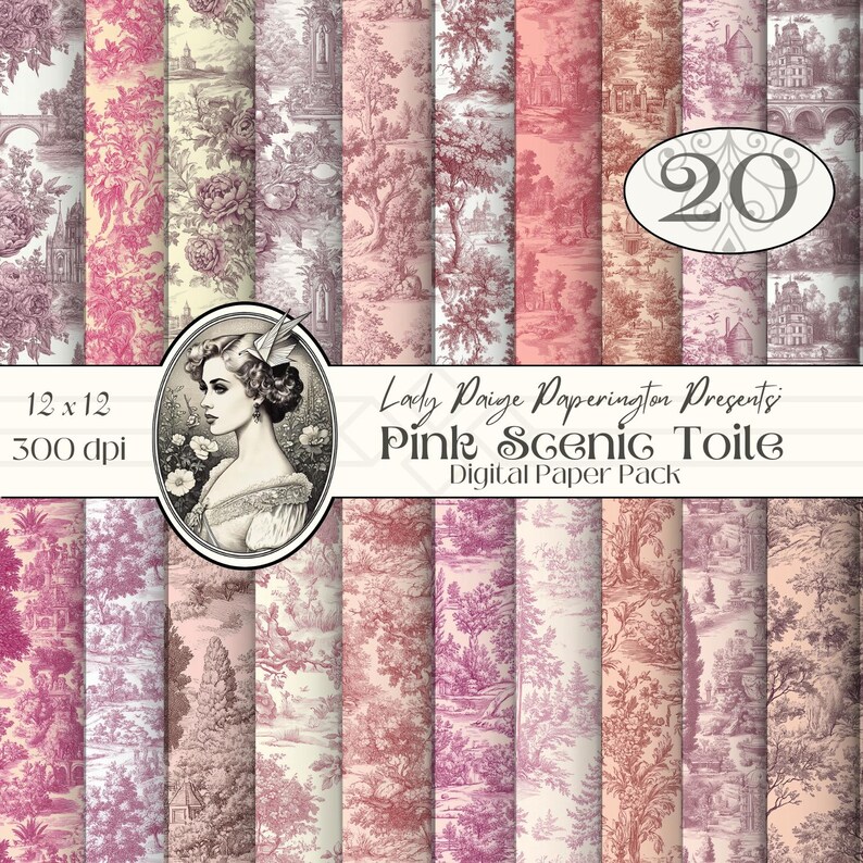 Vintage Pink Scenic French Toile Digital Paper Pack – 20 Printable ...