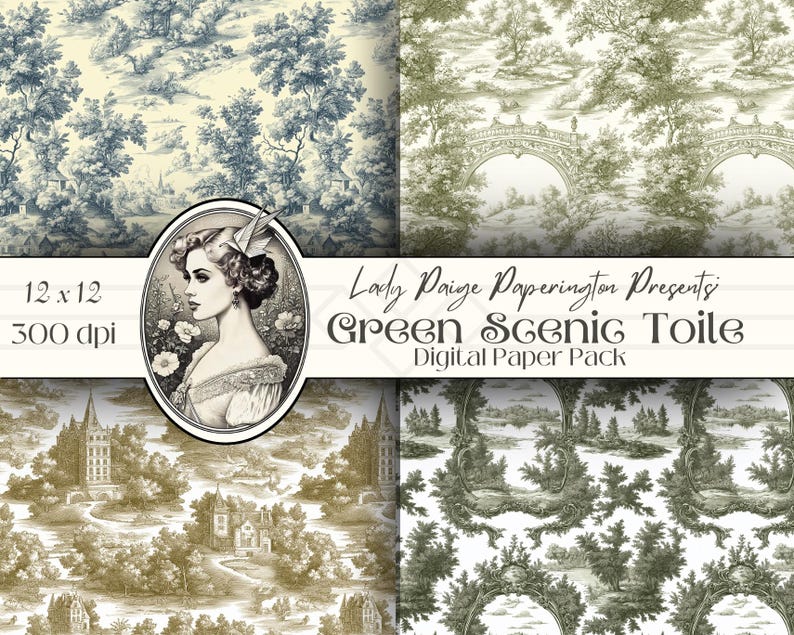 Vintage Green Scenic French Toile Digital Paper Pack – 20 Printable ...