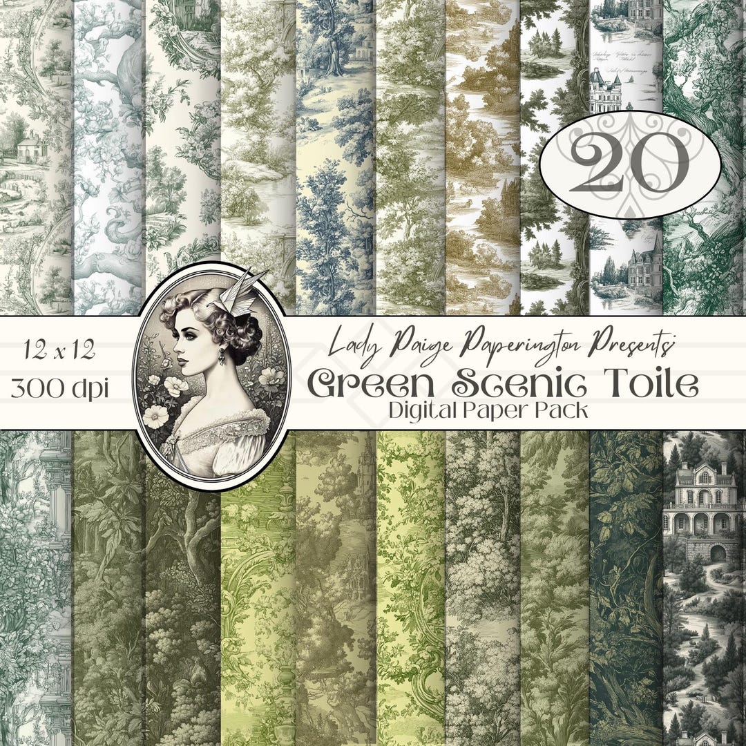 Vintage Green Scenic French Toile Digital Paper Pack – 20 Printable ...