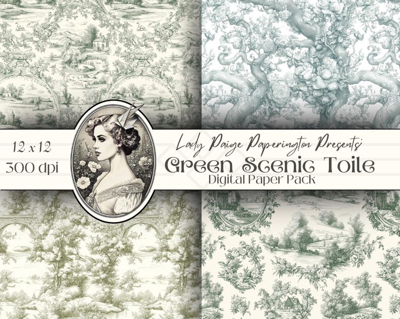 Vintage Green Scenic French Toile Digital Paper Pack – 20 Printable ...