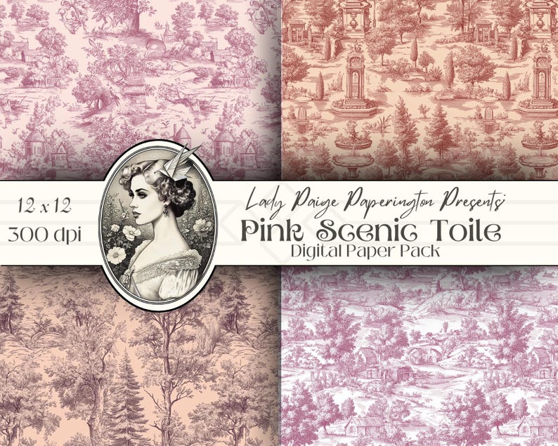 Vintage Pink Scenic French Toile Digital Paper Pack – 20 Printable ...