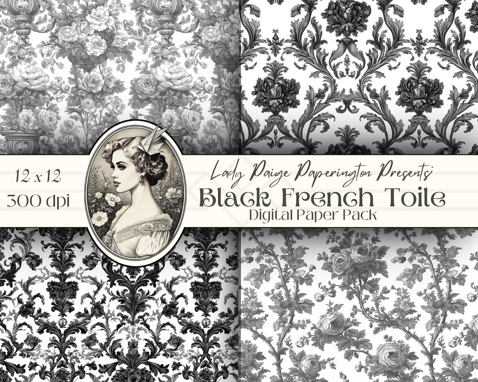 Vintage Black French Toile Digital Paper Pack – 20 Printable 12x12 ...