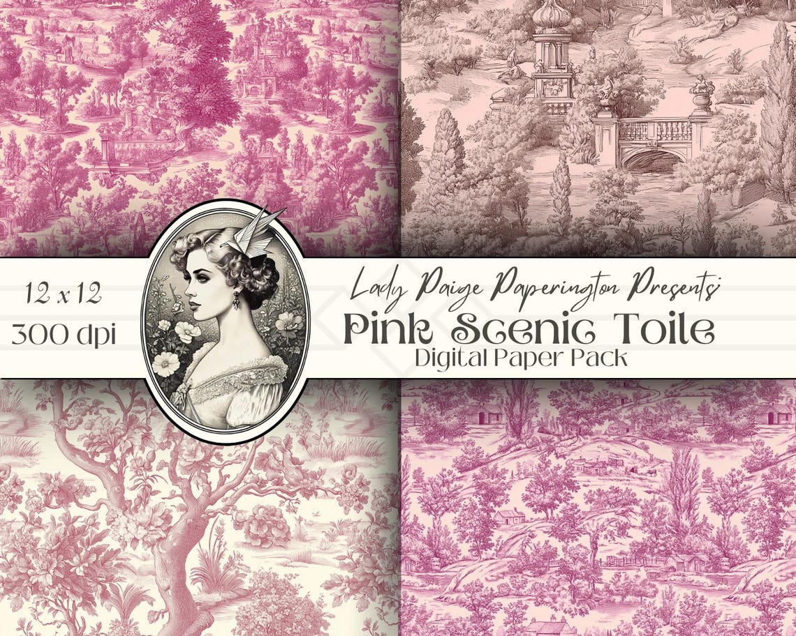 Vintage Pink Scenic French Toile Digital Paper Pack – 20 Printable ...