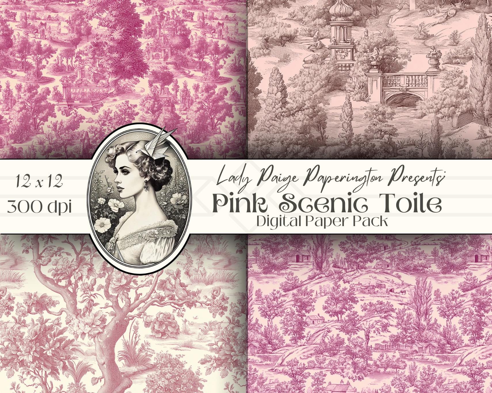 Vintage Pink Scenic French Toile Digital Paper Pack – 20 Printable ...