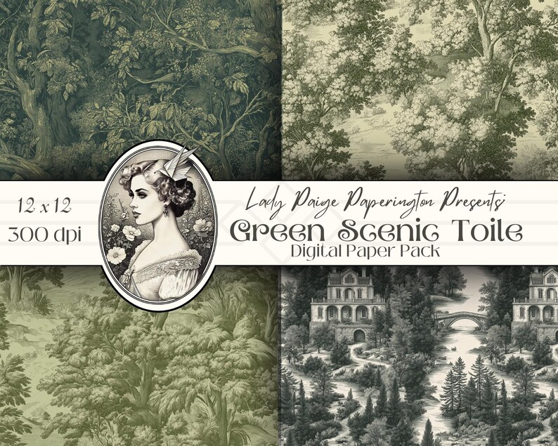 Vintage Green Scenic French Toile Digital Paper Pack – 20 Printable ...