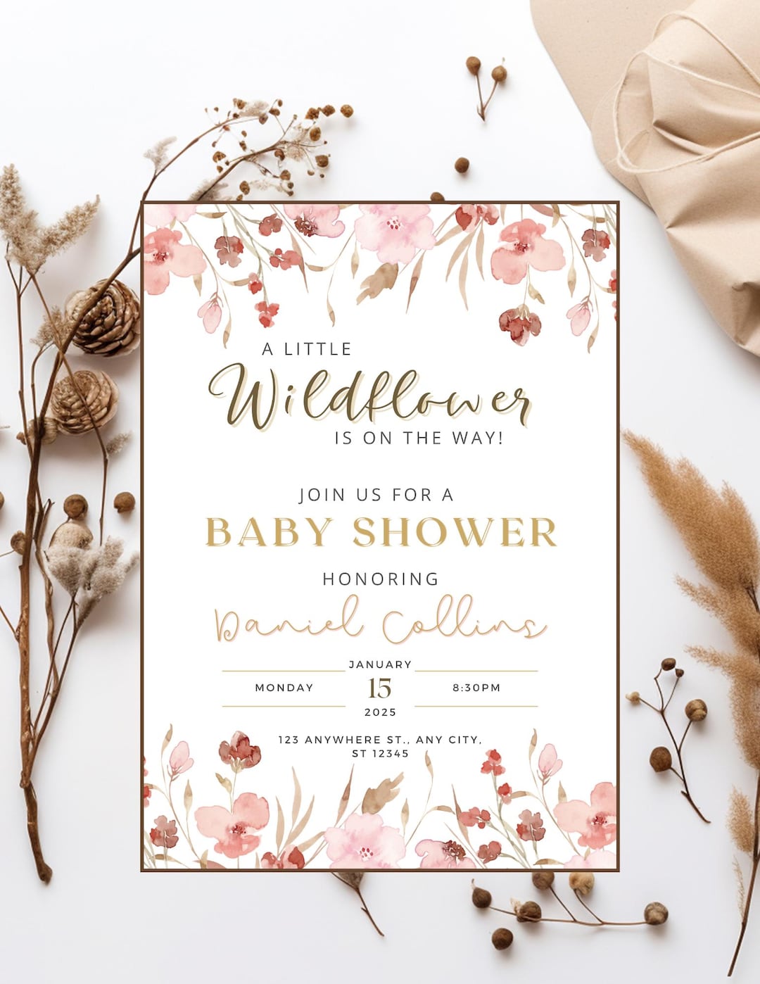 EDITABLE Baby Shower Invitation | Wildflower | Pink and Tan | Boho ...