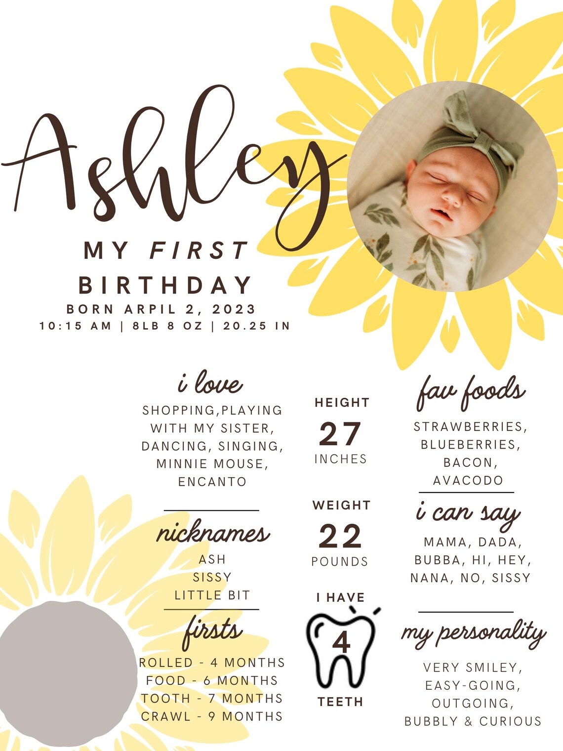 EDITABLE First Birthday Milestone Sign, Sunflower 1st Birthday ...