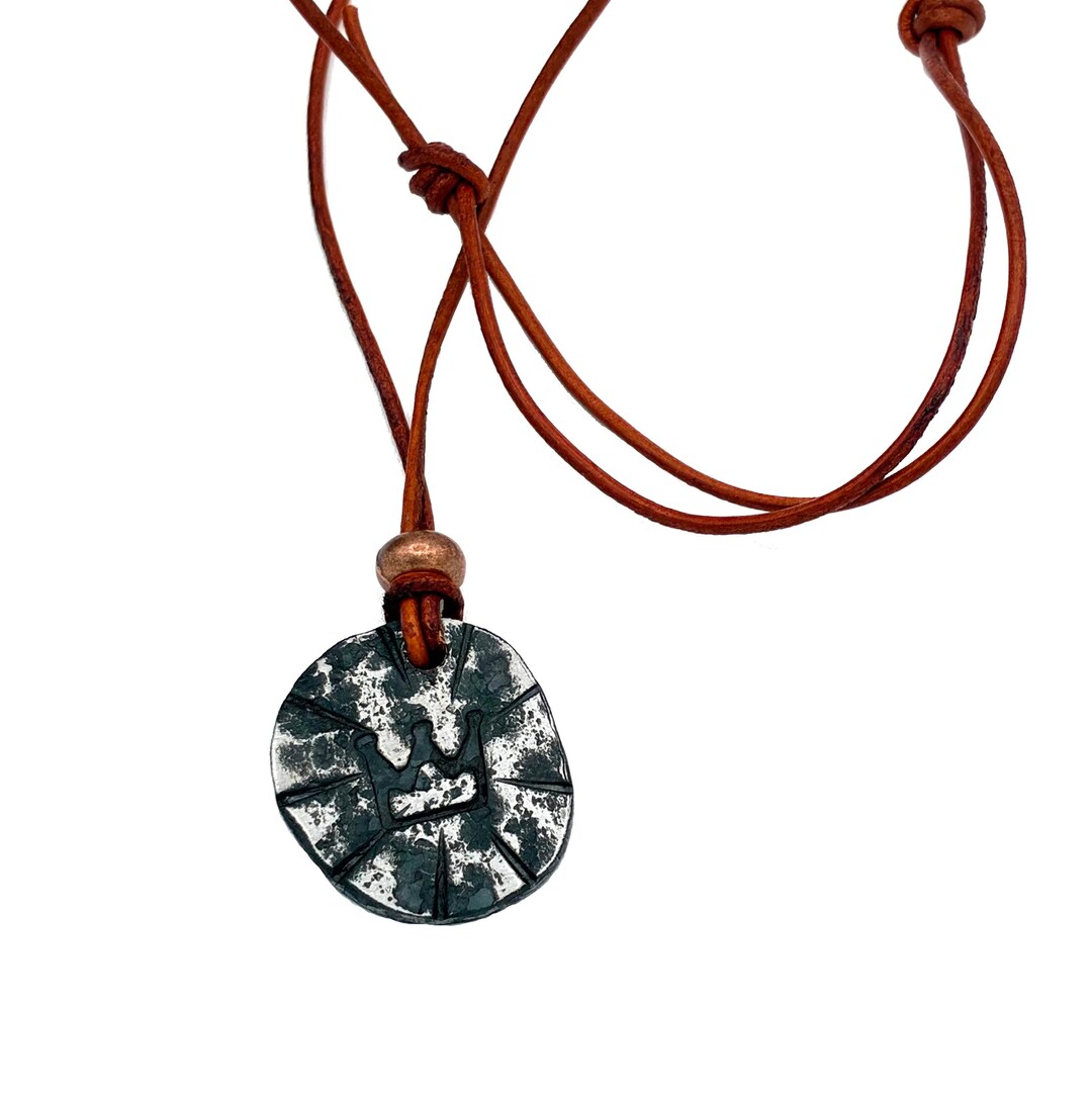 Hand Forged Wrought Iron Medallion on Brown Leather Necklace With ...