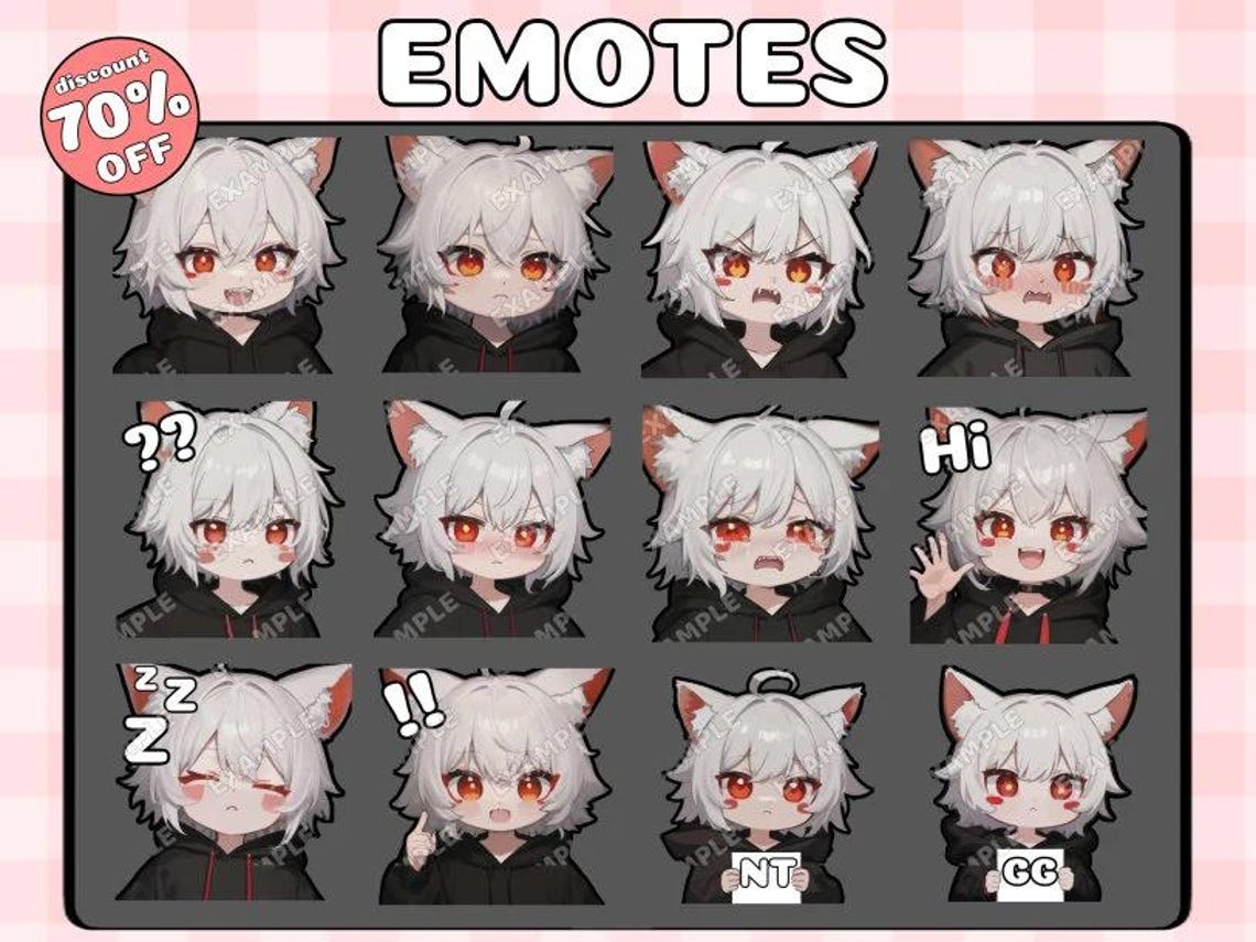 White Fox Boy Emotes (12) Red Eyes, Black Hoodie / Twitch Emotes ...