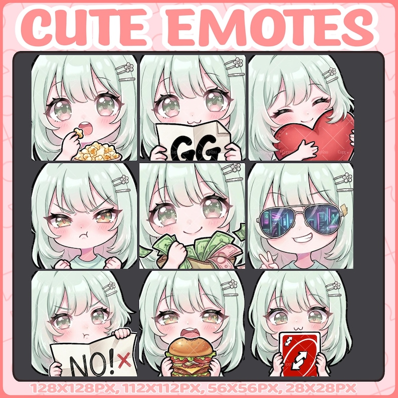Teal Hair Anime Girl Emotes – Kawaii Twitch & Discord Chat Stickers ...