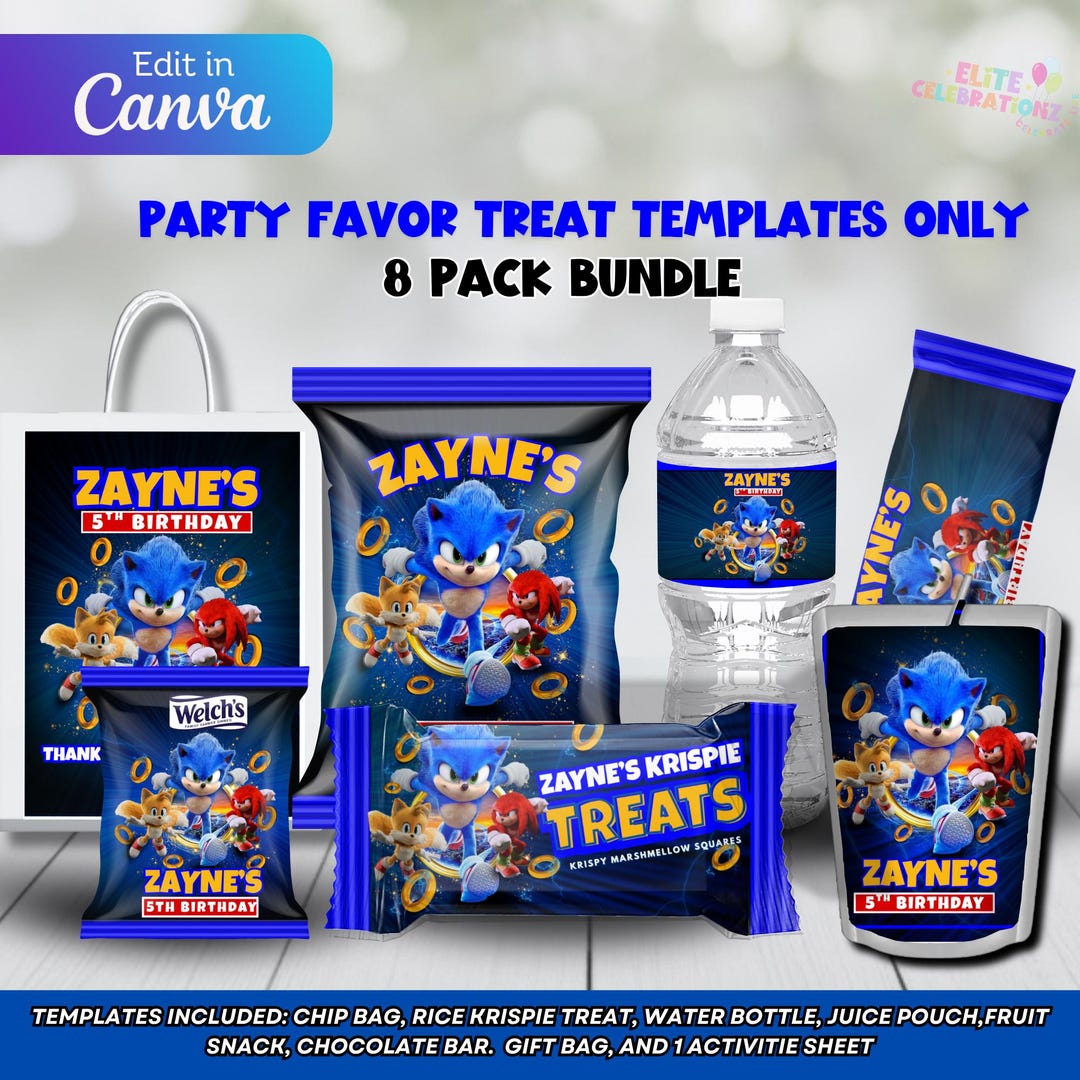 Personalized Sonic Birthday Party Favor Bundle, Editable Sonic Birthday ...