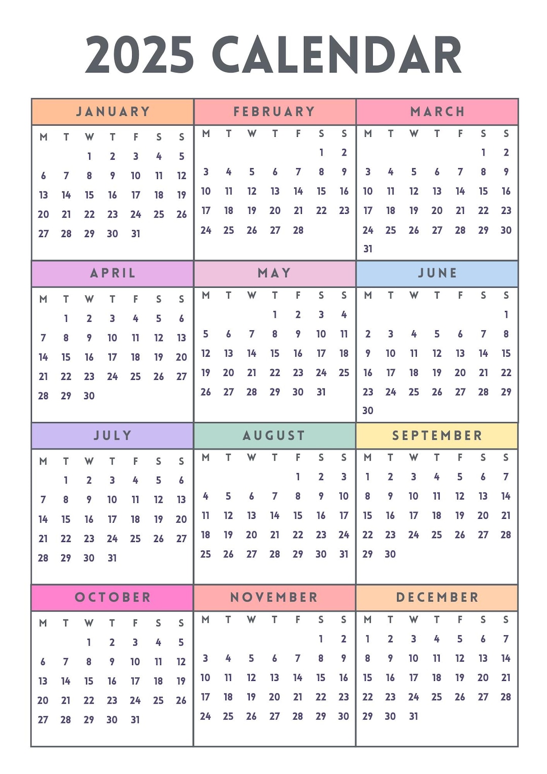 2025 Full Year Calendar View (colorful! - Etsy