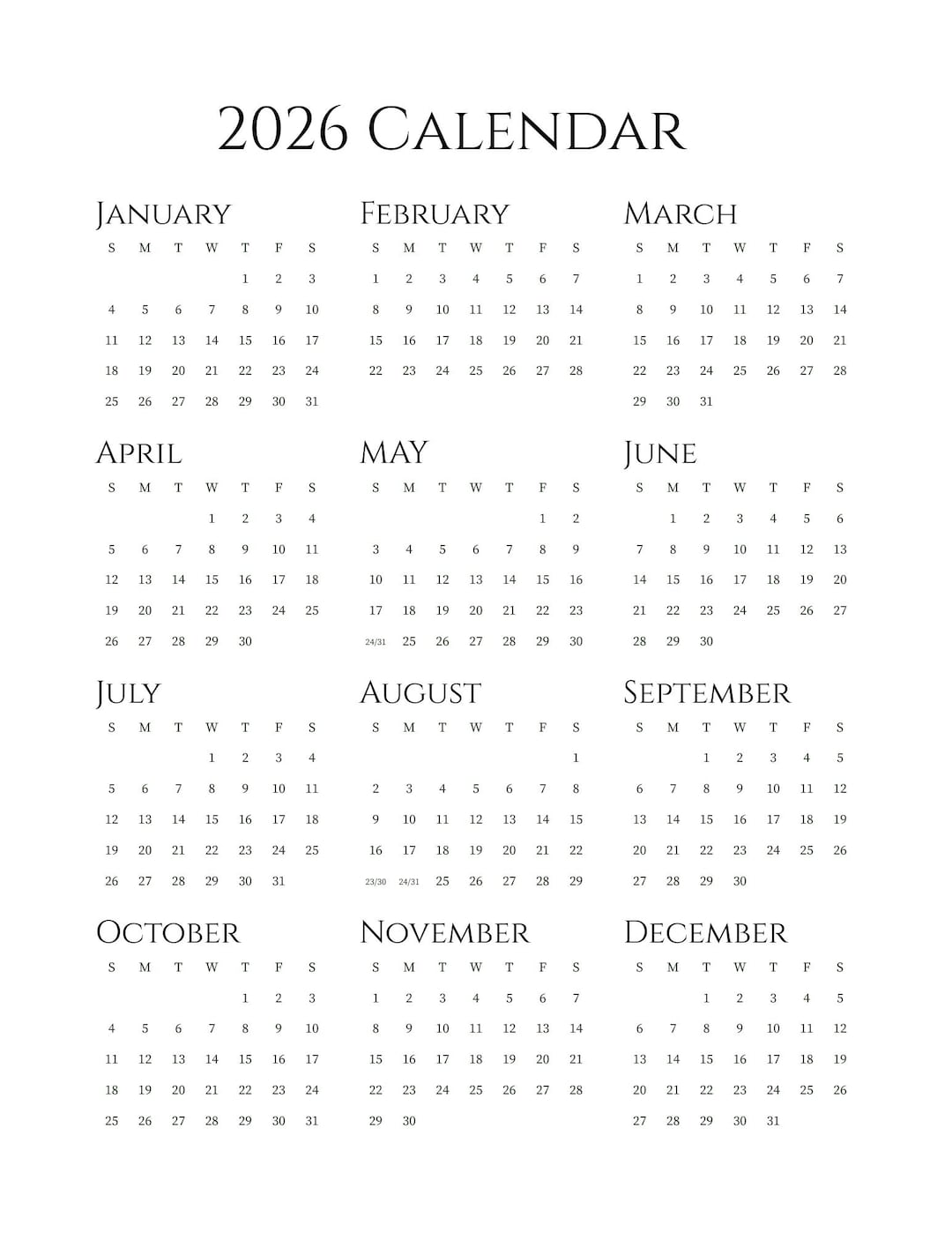 Simple 2026 Black and White Calendar Printable - Minimalist Yearly ...