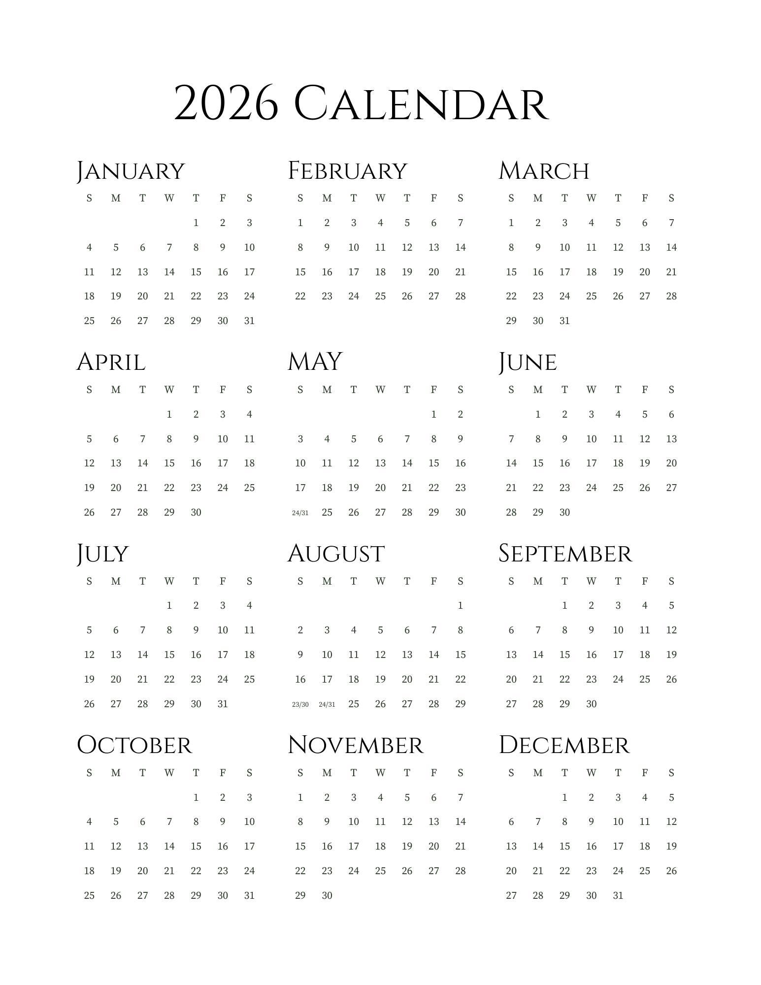 Simple 2026 Black and White Calendar Printable - Minimalist Yearly ...