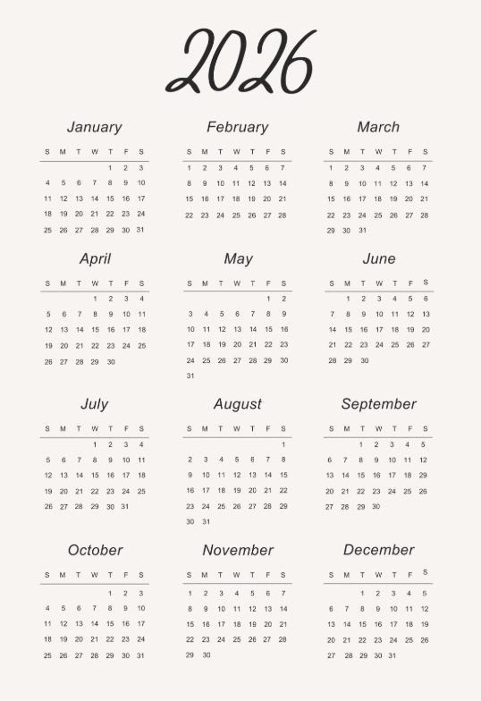 2026 Full Year Calendar View (simple!) - Etsy