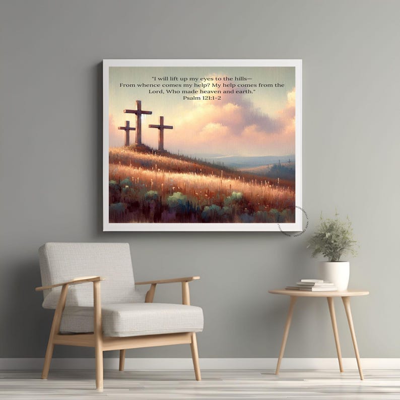 Calvary Crosses Wall Art, Psalm 121 Scripture Decor, Jesus Crucifixion Painting, Christian ...