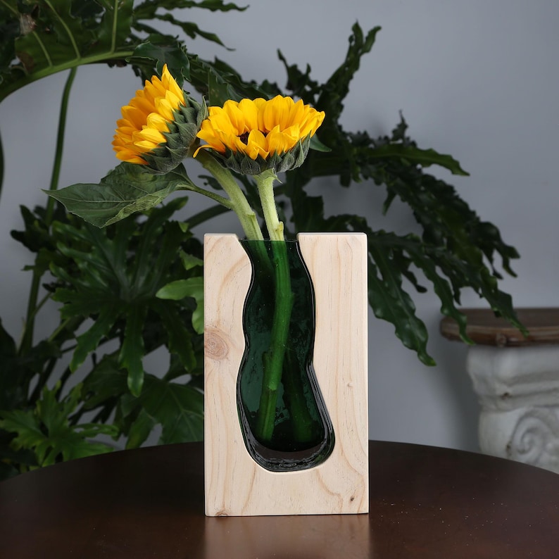 Custom Pine Wood Vase, Green Glass Flower Holder, Eco-friendly Decor - Etsy