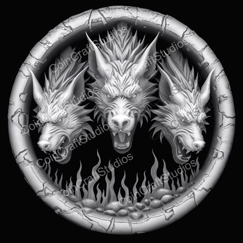 Infernal Wolves Depth Map Coin for CNC & Fiber Laser Engraving | Custom ...