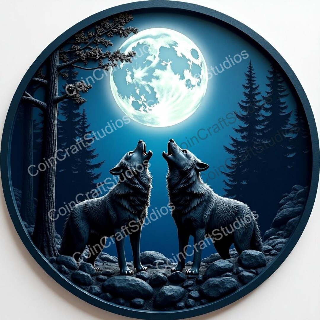 Moonlit Wolves Depth Map Coin for CNC & Fiber Laser Engraving Custom ...