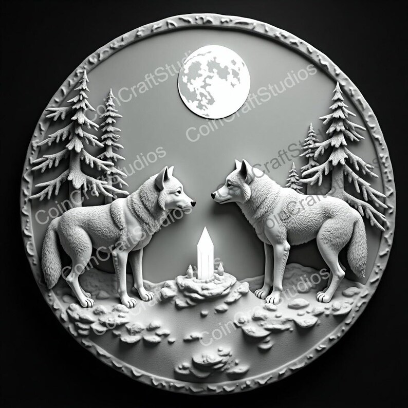 Arctic Wolves Depth Map Coin for CNC & Fiber Laser Engraving | Custom ...