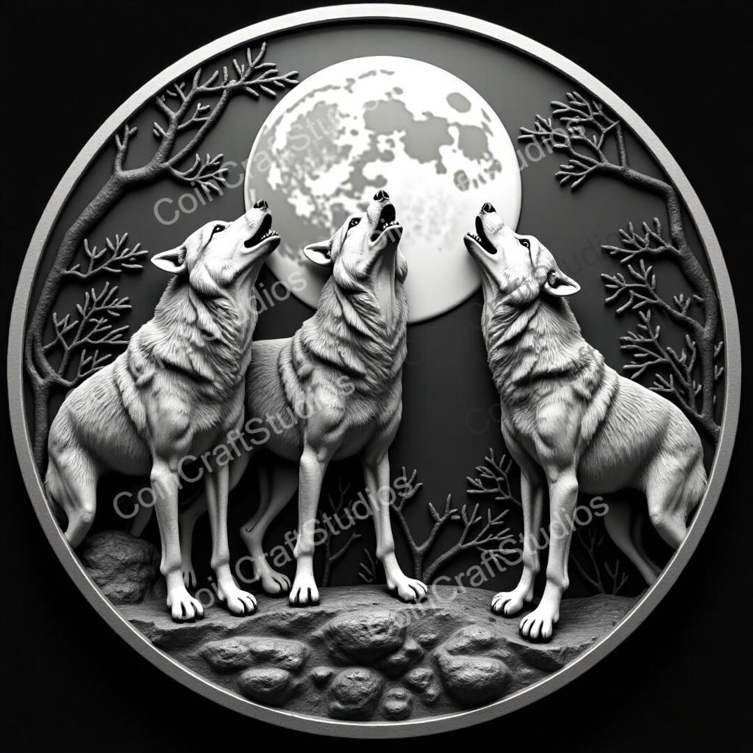 Moonlit Wolves Depth Map Coin for CNC & Fiber Laser Engraving Custom ...