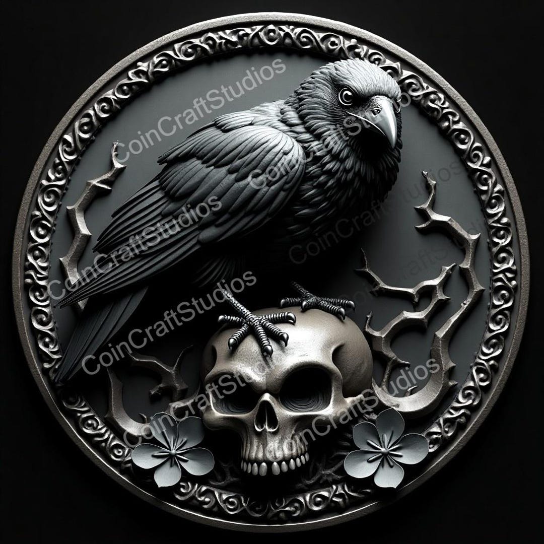 Raven and Skull Depth Map Coin for CNC & Fiber Laser Engraving Custom ...