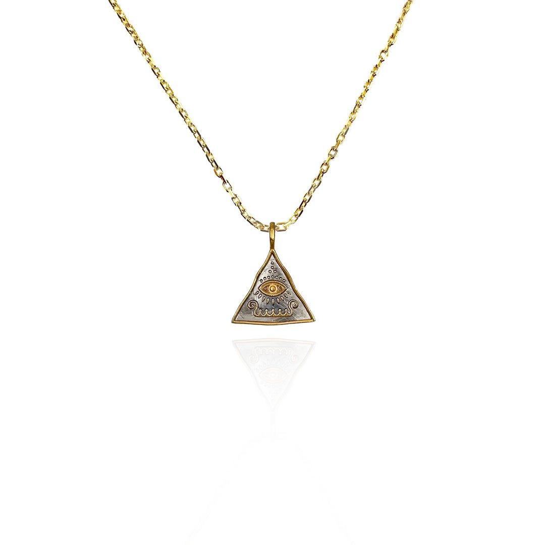 Sterling Silver Pyramid Eye Necklace, Gold Plated Talisman, Unisex ...