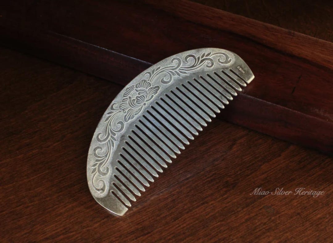 Floral 999 Fine Silver Comb, Hand-carved Peony Design, Traditional ...