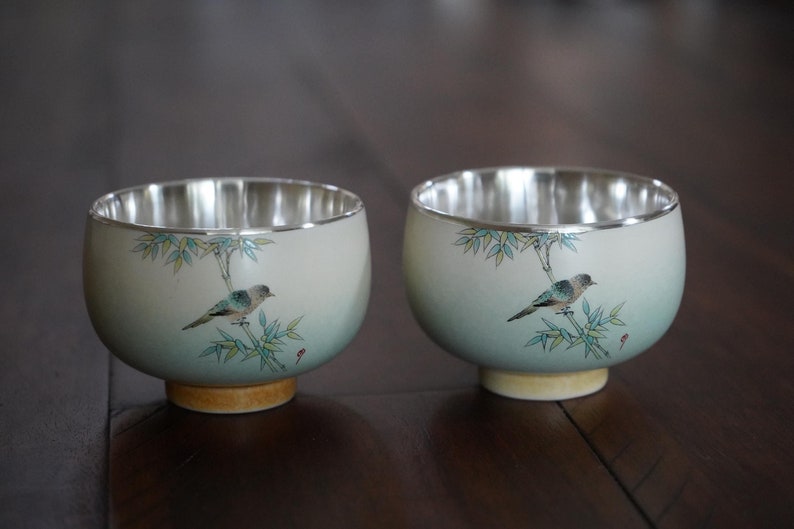 Pure Silver Tea Cup: Hmong Watercolor Bird Design, Tea Party Gift - Etsy