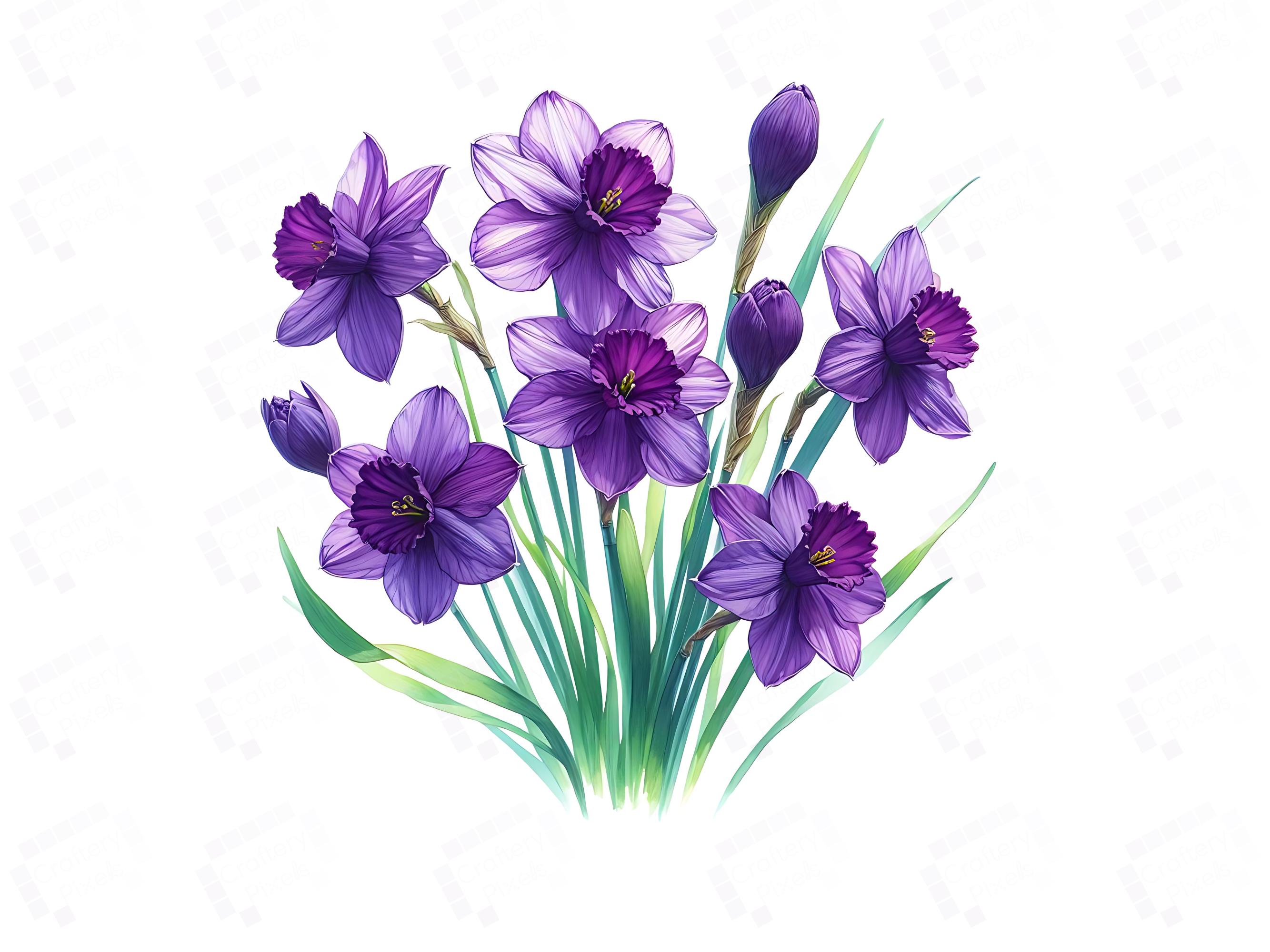 10 March Birth Month Flower Clipart Watercolor Purple Daffodil Boho ...