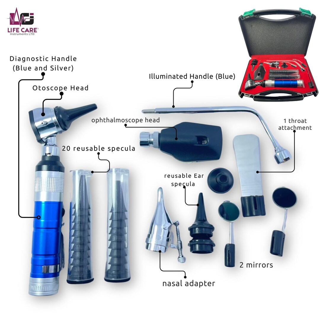 Blue ENT Diagnostic Set With LED Otoscope and Ophthalmoscope, Earwax ...