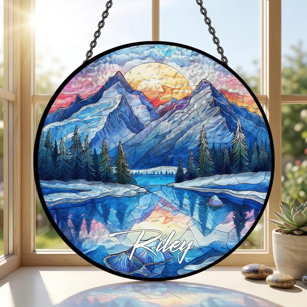 Mountain Landscape Stained Glass Suncatcher, Alpine Sunset Window ...
