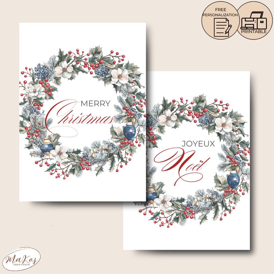 Printable Nature Christmas Card Floral Wreath With Holly & Berries ...