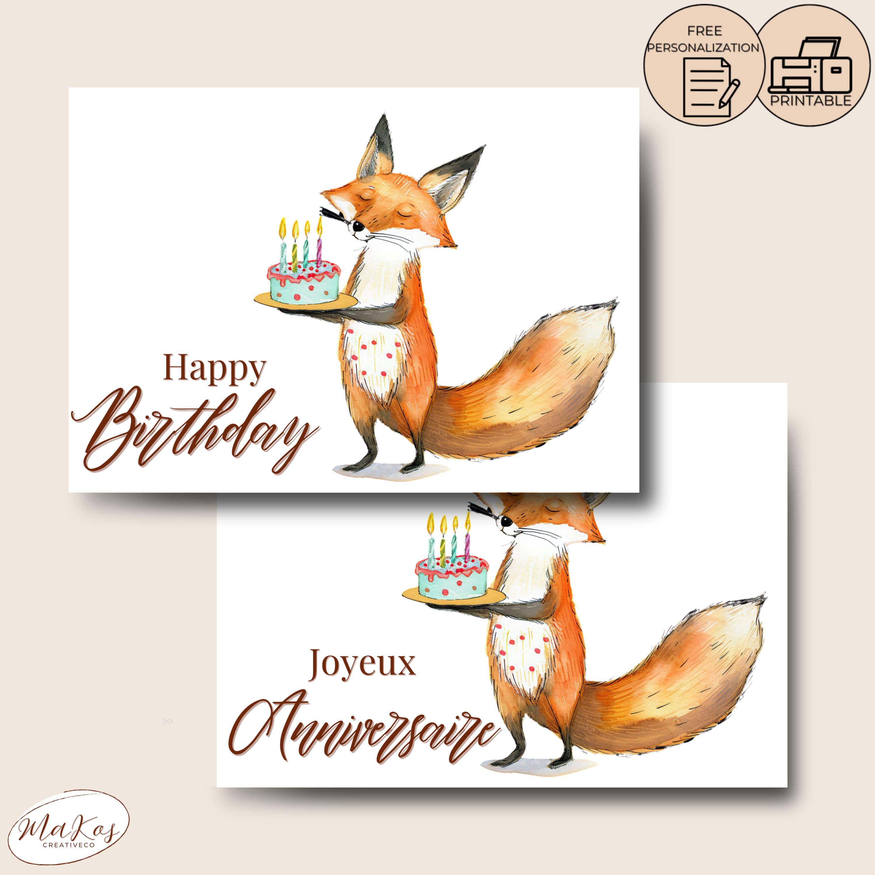 Printable Happy Birthday Card Colorful Cute Fox Watercolor Illustration ...