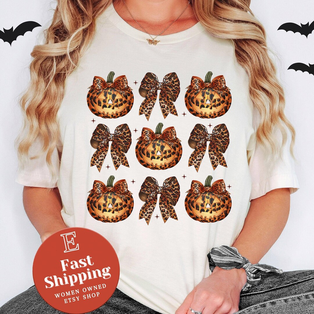 Leopard Pumpkin Bow Halloween Shirt, Fall Graphic Tee, Halloween Party ...