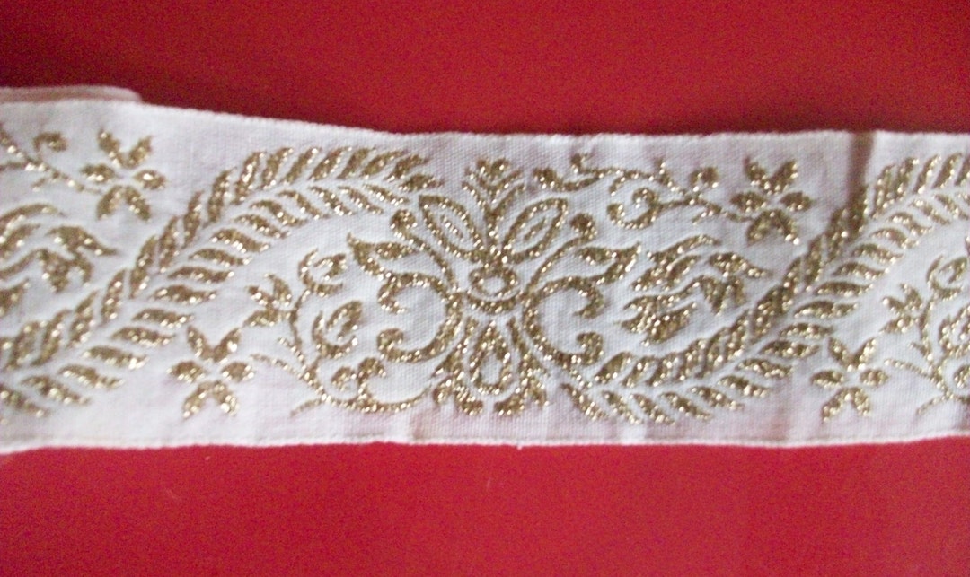 Gold Metallic Embroidered White Ribbon, Very Wide for Embellishment, 3 ...