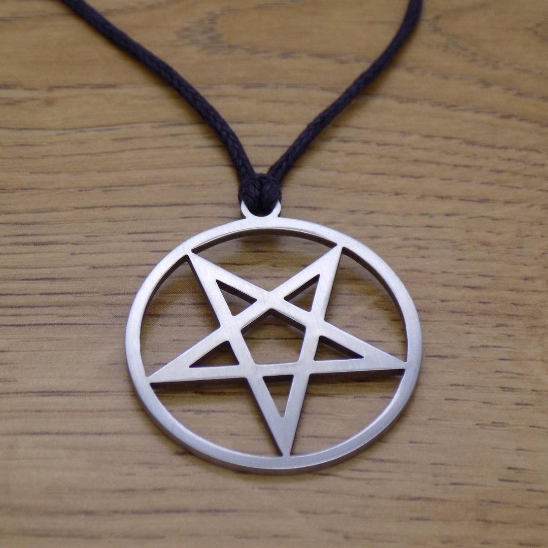 Stainless Steel Inverted Pentagram Symbol Pendant & Black Cord Necklace ...