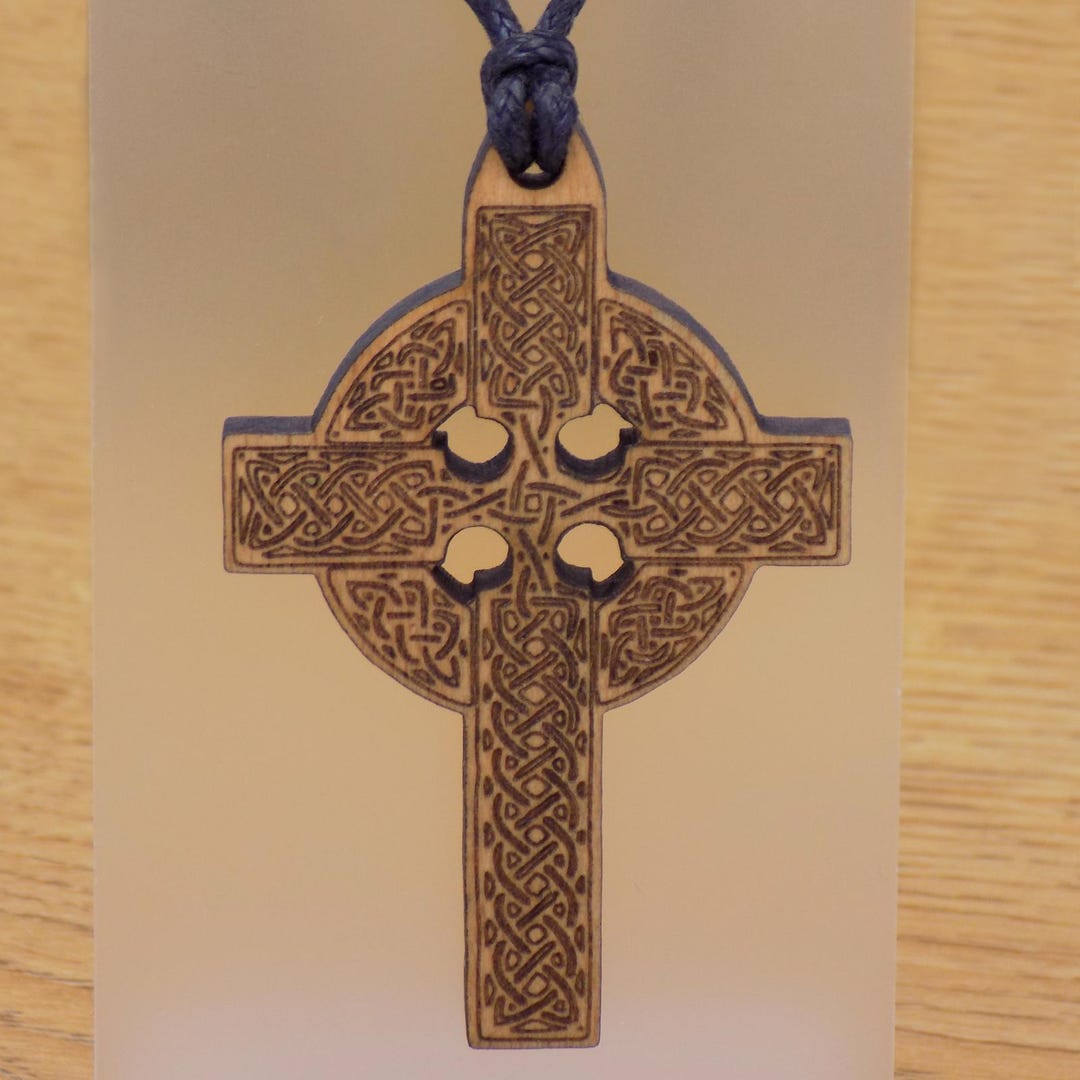 Massive Wooden Celtic Knot Cross Pendant & Black Cord Necklace Irish ...