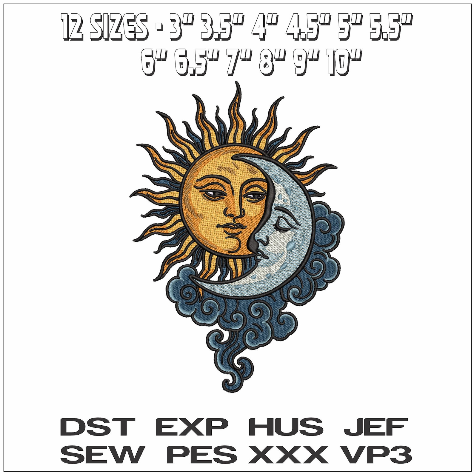 Sun Moon Clouds Embroidery Design for Machines | Instant Download PES ...