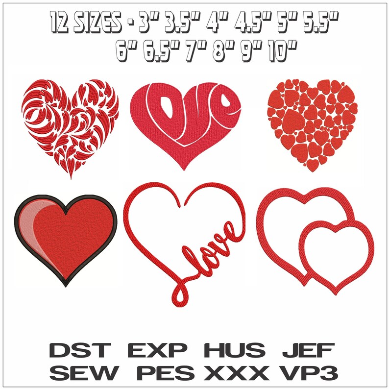 Hearts Embroidery Design Bundle (DST, PES, VP3 & More) - Instant ...