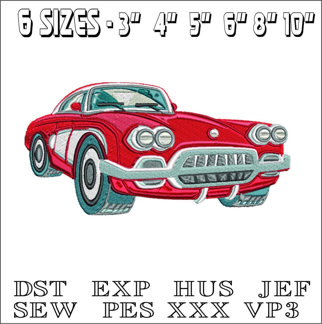 Red Retro V8 Classic Car - Machine Embroidery Design - DST, PES, VP3 ...