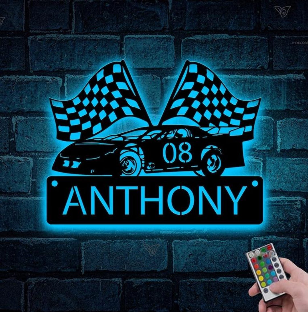 Custom Racing Car Metal Sign With LED Lights, Race Car Sign, Sports ...
