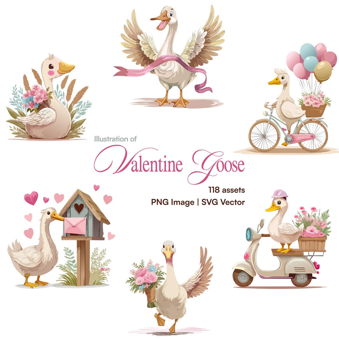 118 Goose Valentine SVG PNG Bundle Romantic Swan Illustration for ...