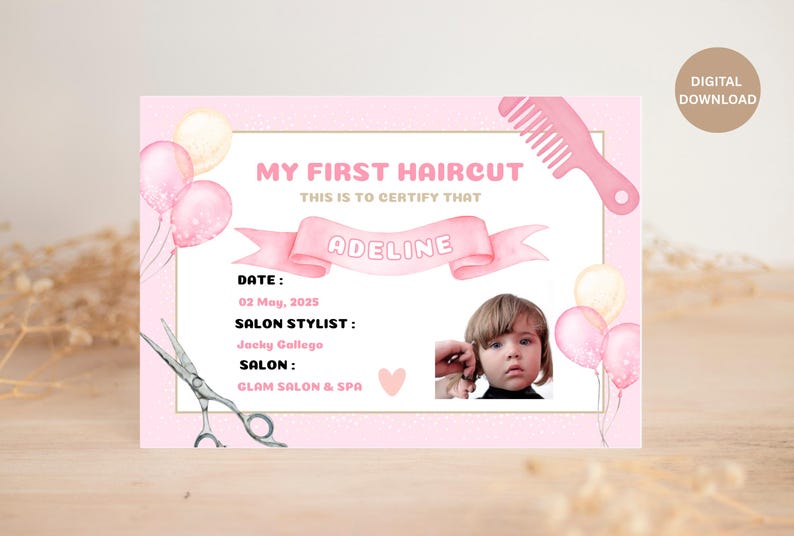 Editable First Haircut Certificate for Girls, Hair Salon Certificate ...
