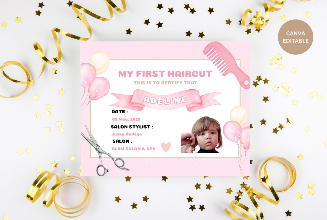 Editable First Haircut Certificate for Girls, Hair Salon Certificate ...