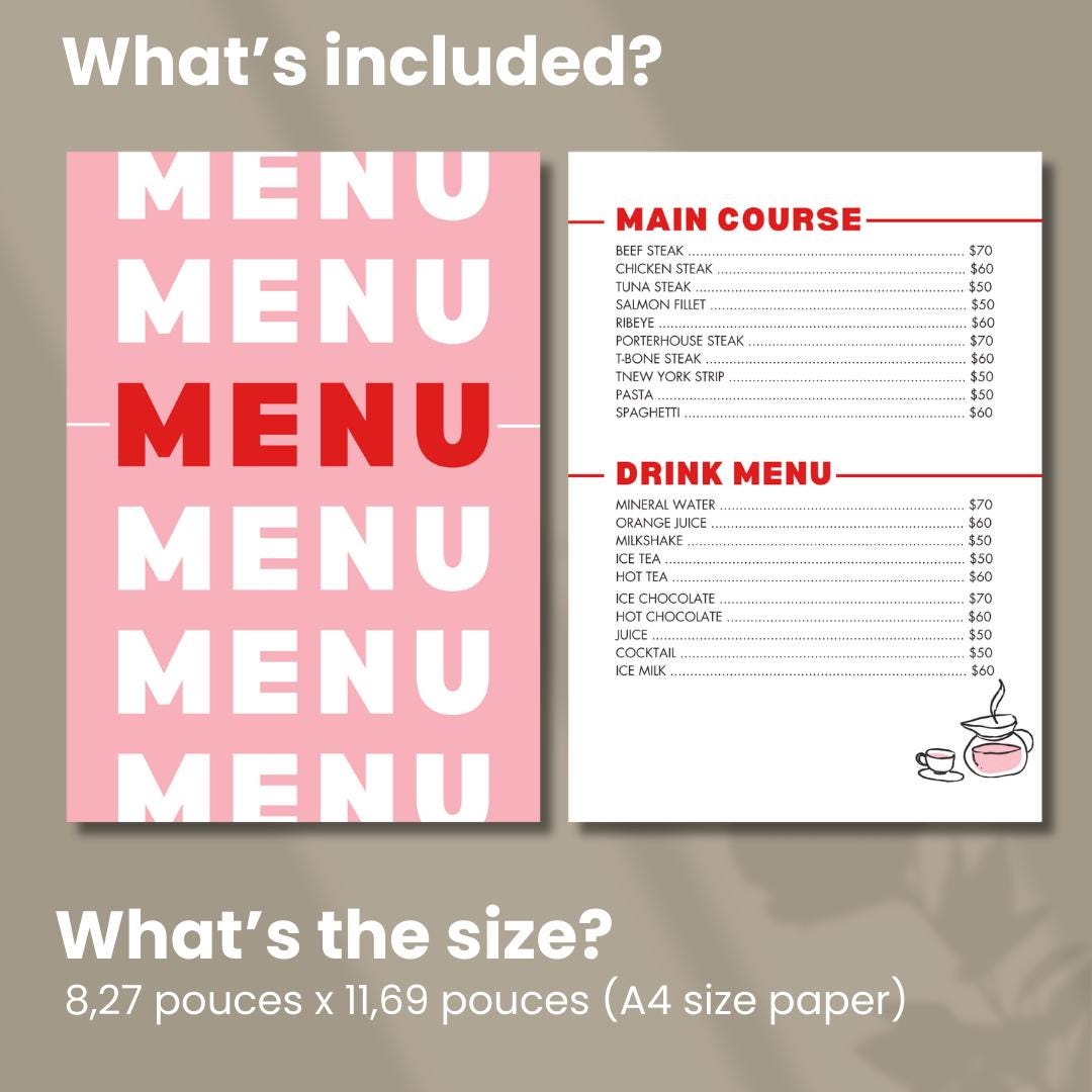 Dinner Menu, Pink and Red Menu, Colorful Menu Template, Modern Menu ...
